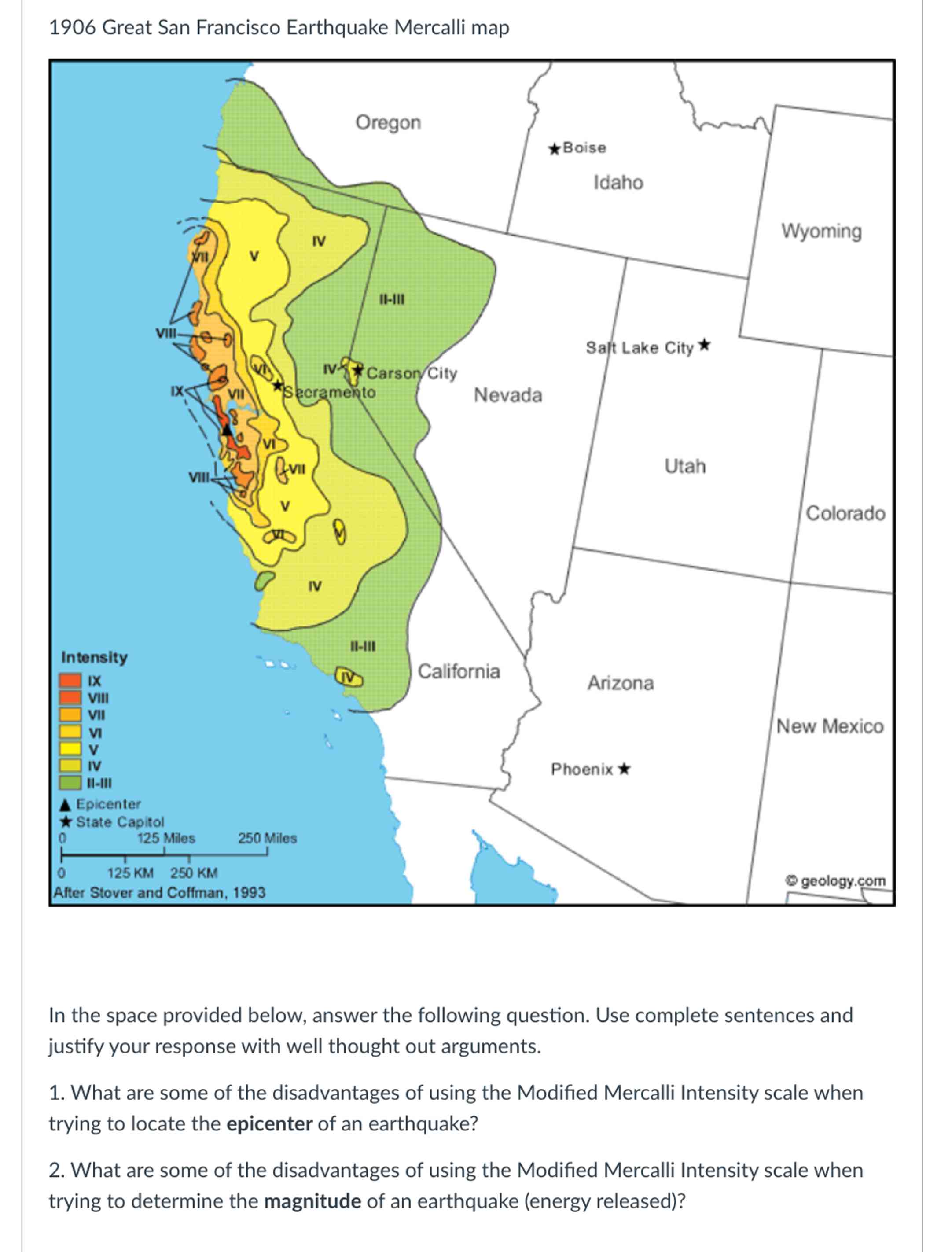 Solved 1906 ﻿Great San Francisco Earthquake Mercalli mapIn | Chegg.com