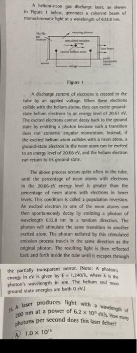 Solved A helium-neon gas discharge laser, shown in Figure 1 | Chegg.com
