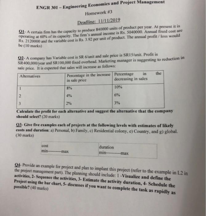 Solved ENGR 301 - Engineering Economics and Project | Chegg.com