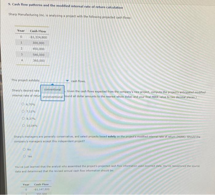 Solved 9. Cash flow patterns and the modified internal rate | Chegg.com