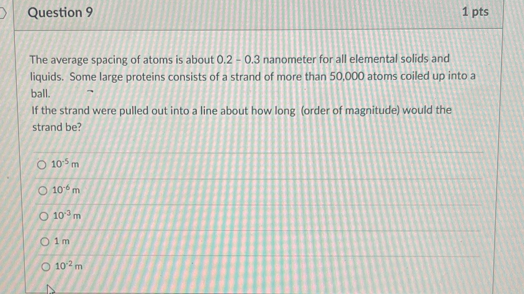 Solved Question 9\\n1pts\\nThe average spacing of atoms is | Chegg.com Solved Question 9\\n1pts\\nThe average spacing of atoms is | Chegg.com