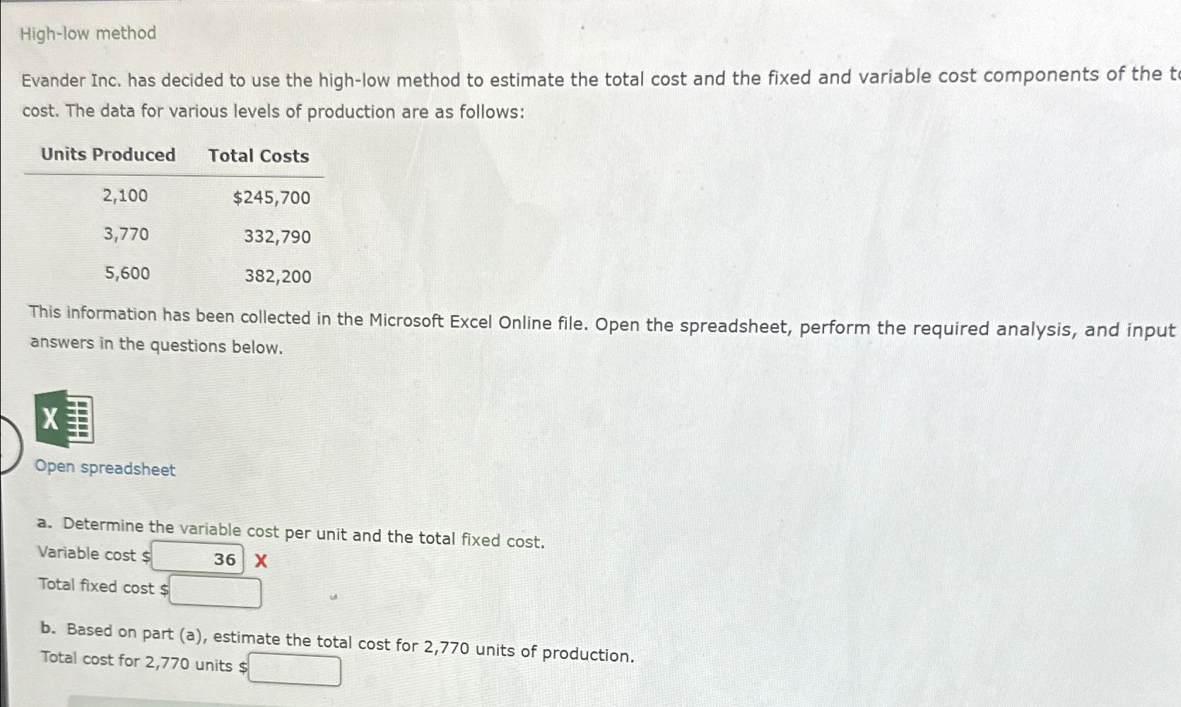 Solved High-low methodEvander Inc. has decided to use the | Chegg.com