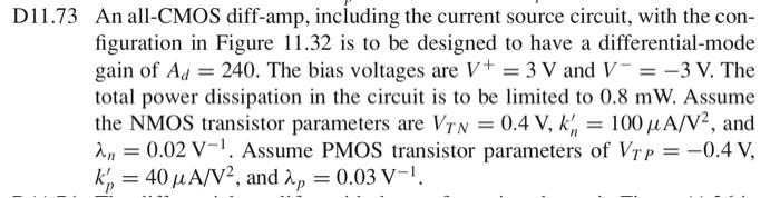 Solved 11.73 An all-CMOS diff-amp, including the current | Chegg.com