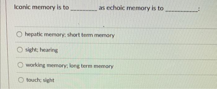 Solved Iconic memory is to as echoic memory is to O hepatic | Chegg.com