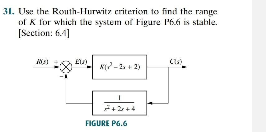 Solved 31. Use the Routh-Hurwitz criterion to find the range | Chegg.com