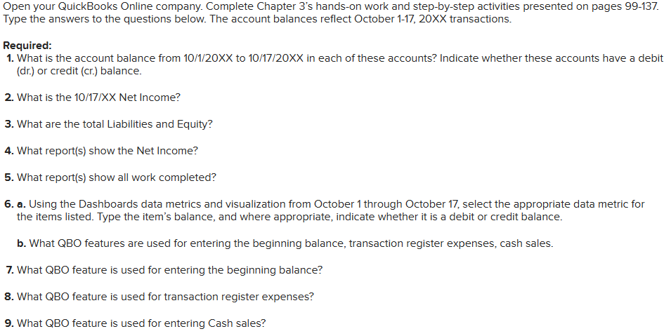Open your QuickBooks Online company. Complete Chapter | Chegg.com
