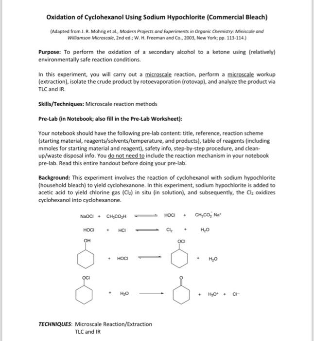 Solved Oxidation of Cyclohexanol Using Sodium Hypochlorite | Chegg.com