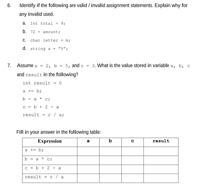 Solved 6. Identify if the following are valid / invalid | Chegg.com