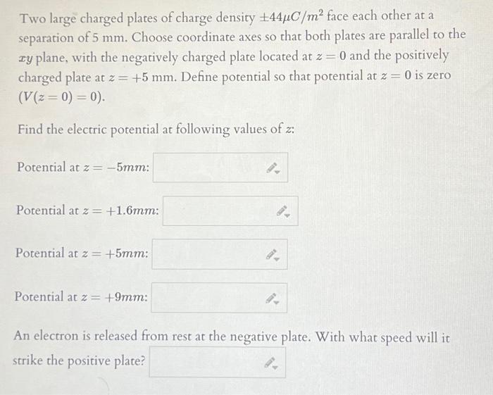 Solved Two large charged plates of charge density +44µC/m² | Chegg.com