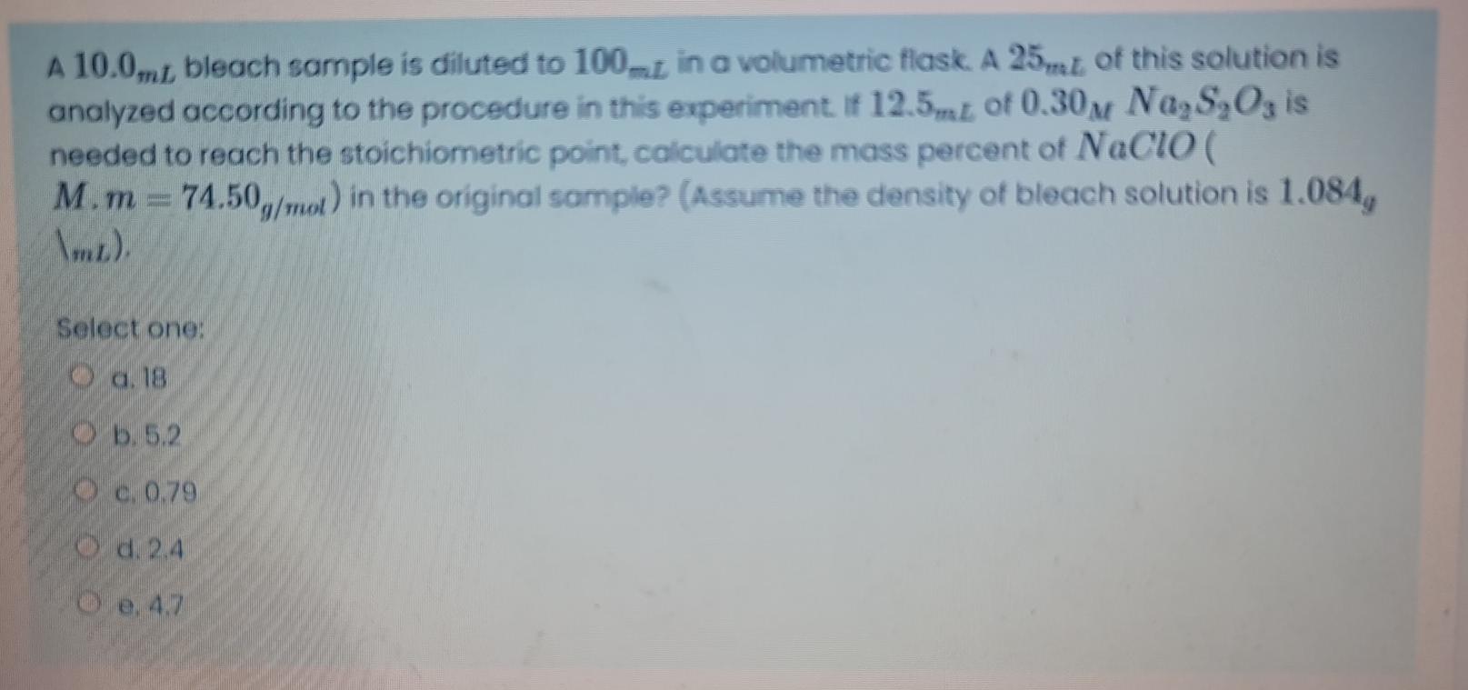 Solved A 10.0mL bleach sample is diluted to 100 mL in a | Chegg.com