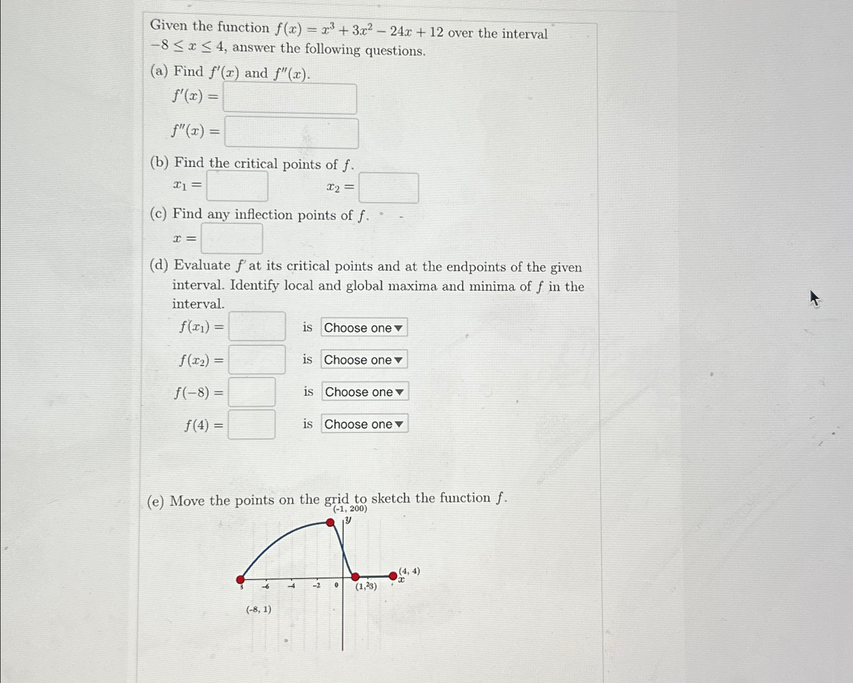 Solved Given the function f(x)=x3+3x2-24x+12 ﻿over the | Chegg.com