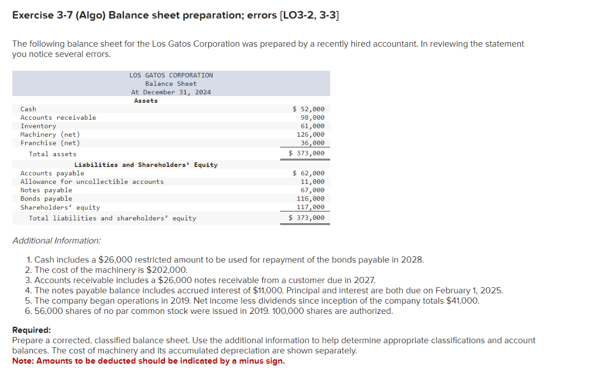 Solved Exercise 3-7 (Algo) ﻿Balance sheet preparation; | Chegg.com