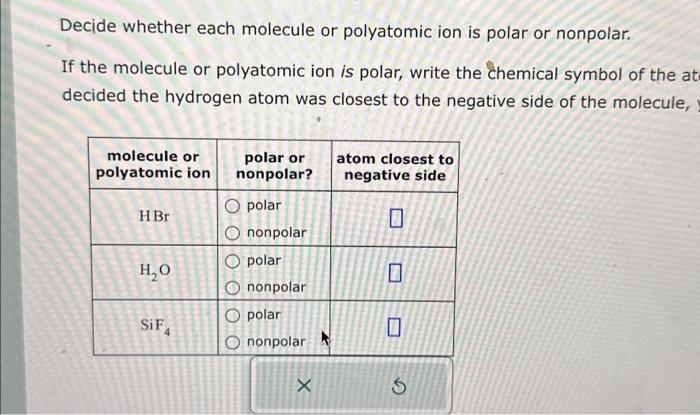 Solved Decide whether each molecule or polyatomic ion is | Chegg.com