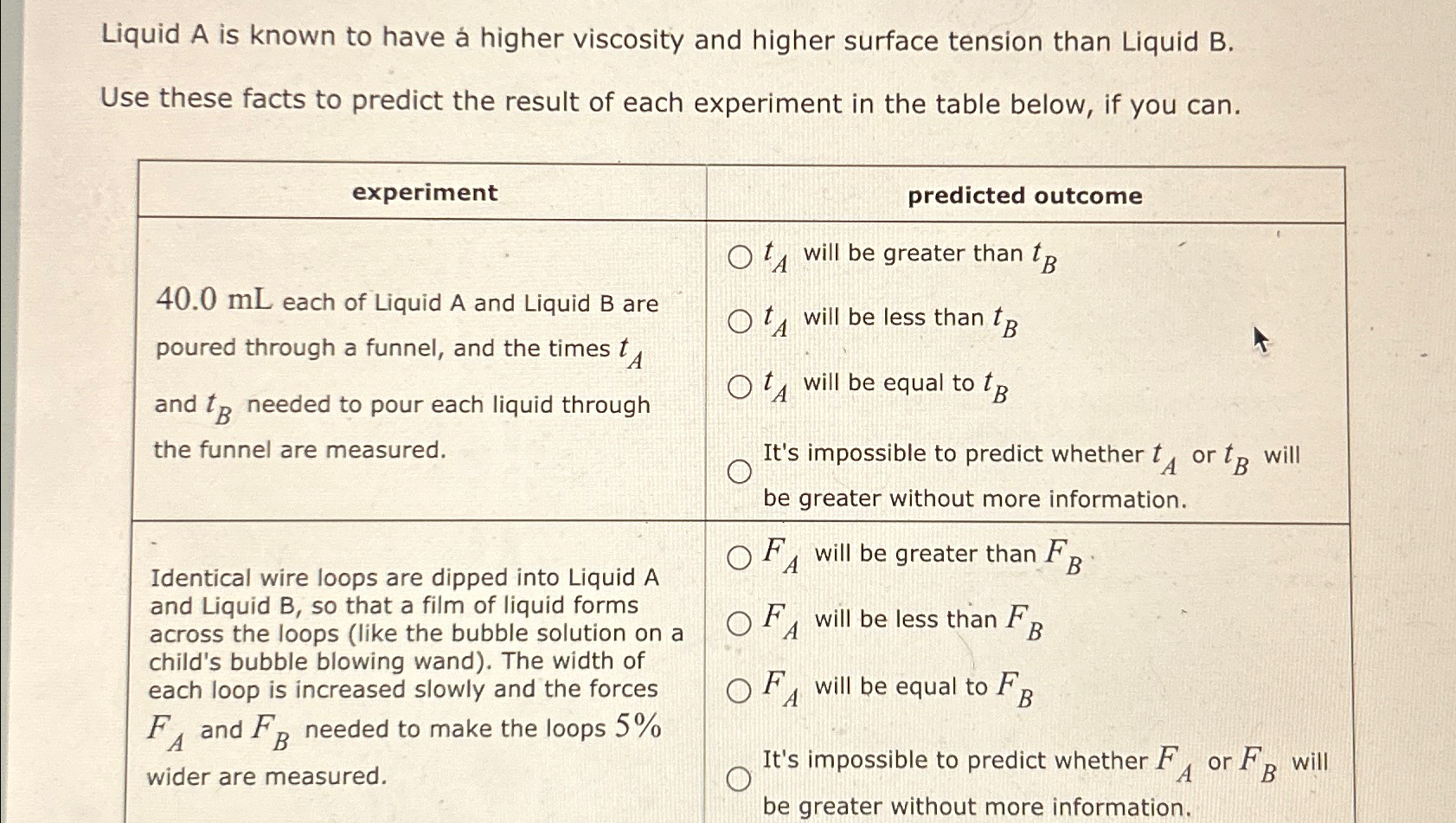 Solved Liquid A ﻿is known to have á ﻿higher viscosity and | Chegg.com