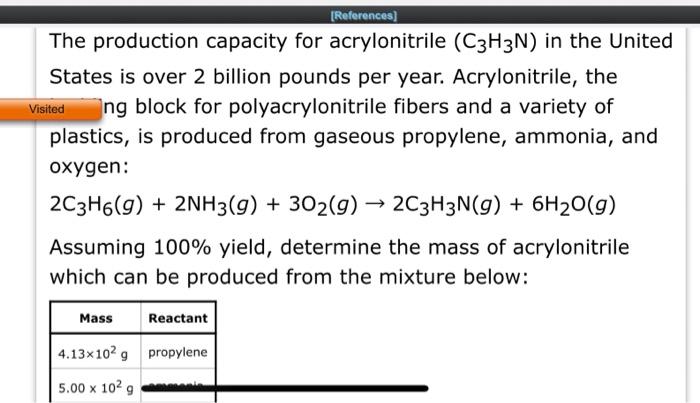 Solved The production capacity for acrylonitrile (C3H3 N) in | Chegg.com