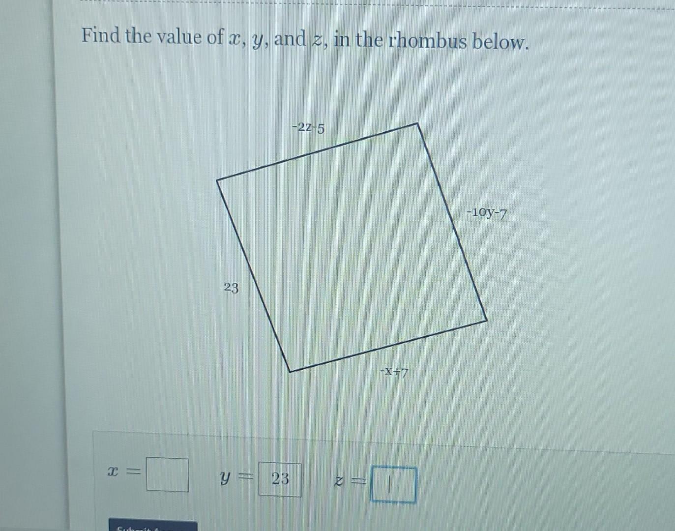 Solved Find the value of x,y, and z, in the rhombus below. | Chegg.com