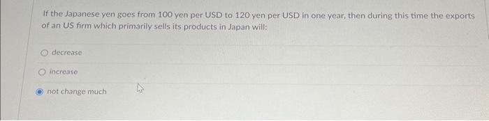 Solved If the Japanese yen goes from 100 yen per USD to 120 | Chegg.com