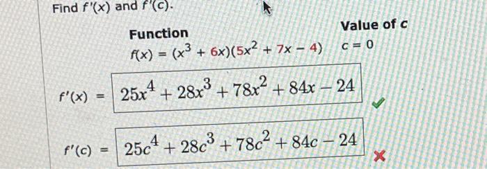 Solved Find f′(x) and f′(c) Function Value of c | Chegg.com