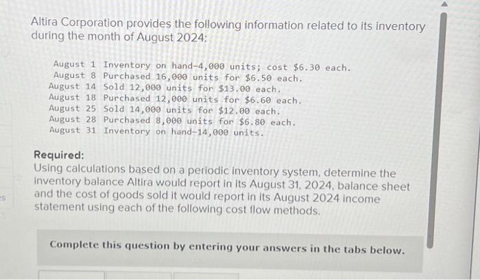 Altira Corporation provides the following information | Chegg.com