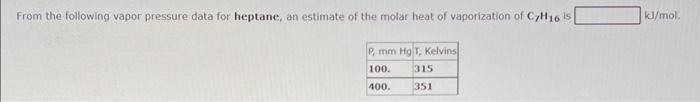 Solved From the following vapor pressure data for heptane, | Chegg.com