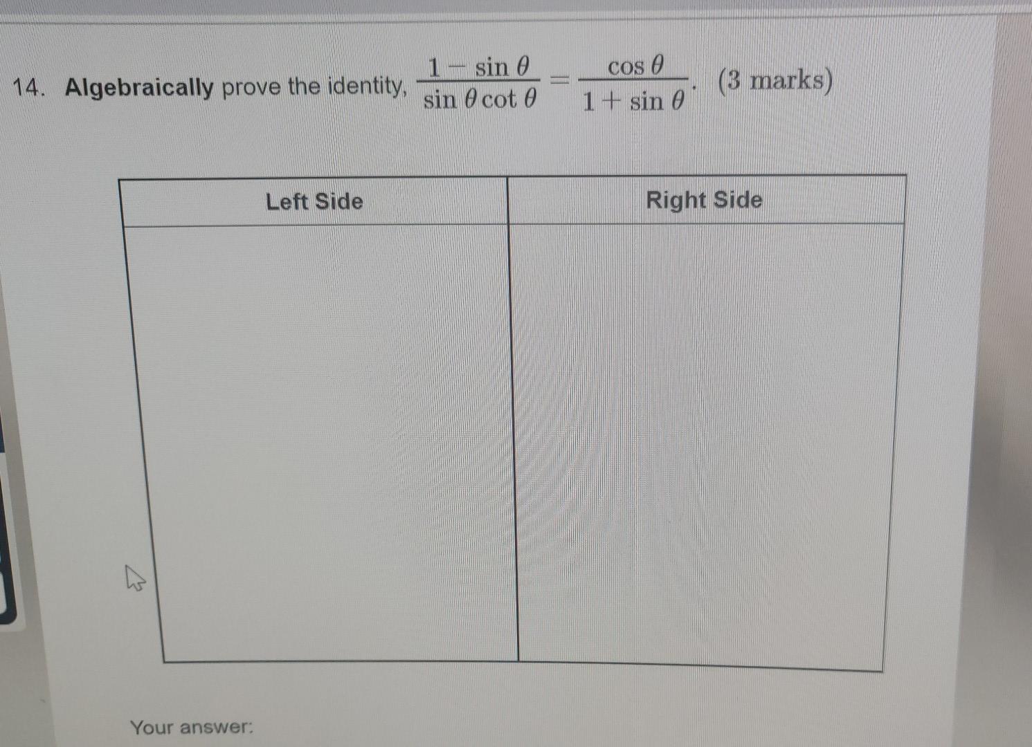 Solved sin 0 14. Algebraically prove the identity, sin 0 cot | Chegg.com
