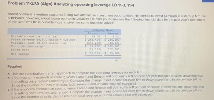 Solved Problem 11-27A (Algo) Analyzing operating leverage LO | Chegg.com