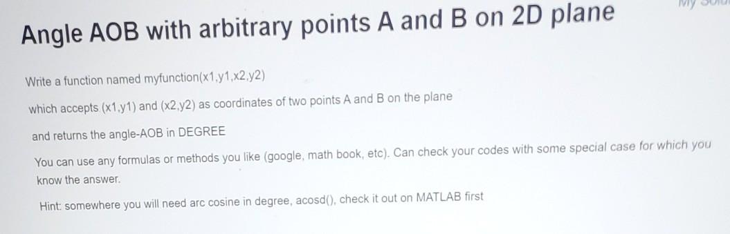 Solved Angle AOB with arbitrary points A and B on 2D plane | Chegg.com