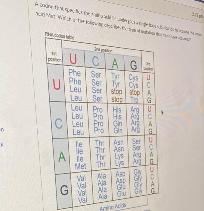 Solved A codon that specifies the amino acid le undergoes a | Chegg.com
