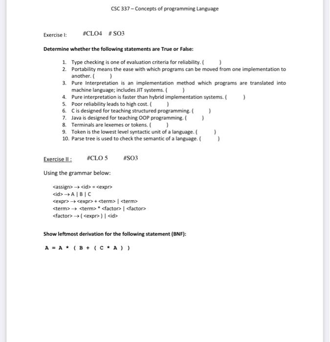 Solved CSC 337 - Concepts of programming Language Exercise | Chegg.com