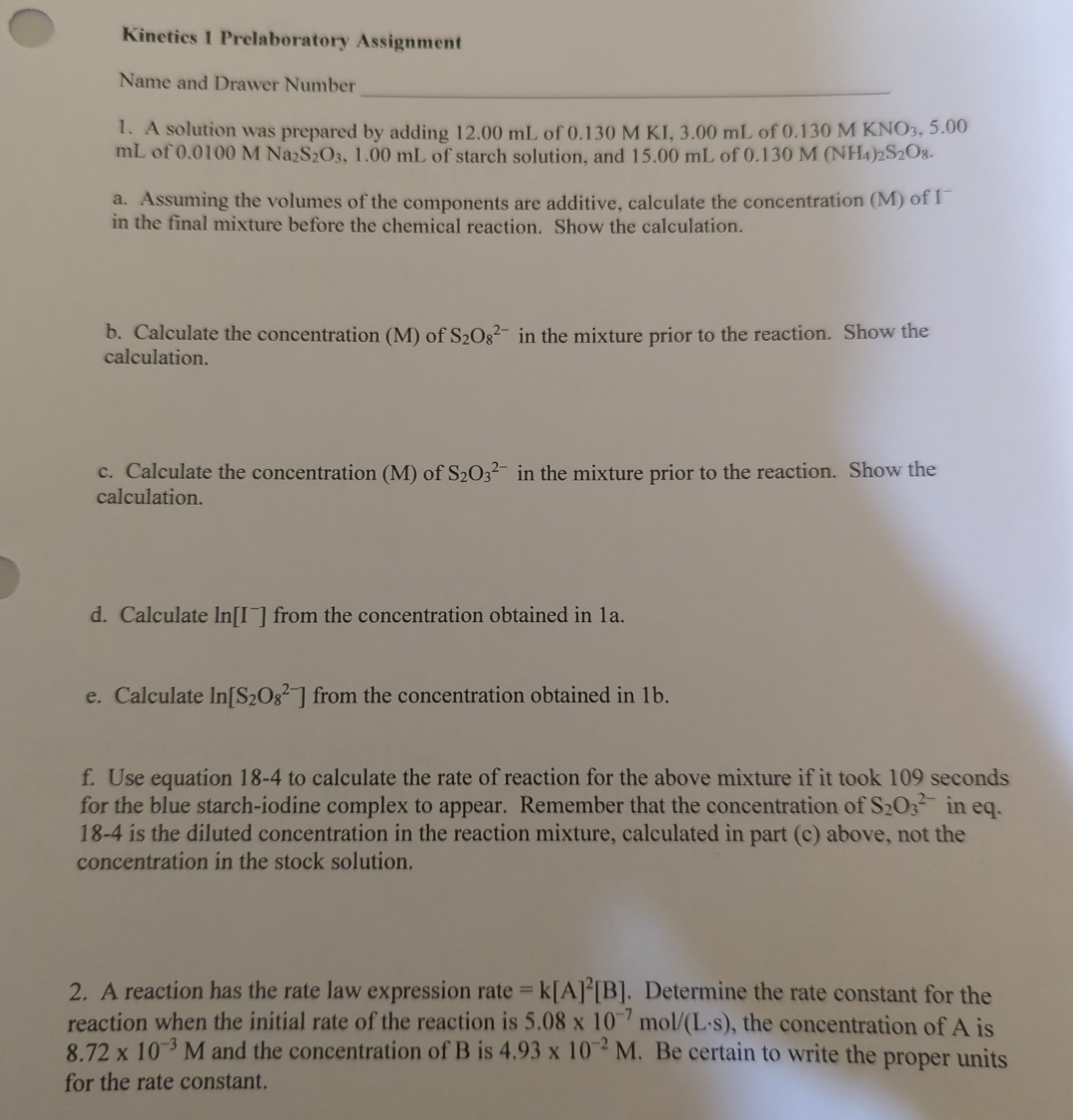Solved Kinetics 1 ﻿Prelaboratory AssignmentName and Drawer | Chegg.com