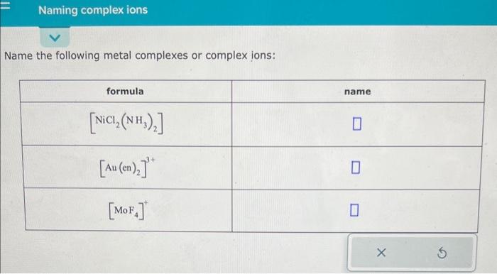 Solved Name the following metal complexes or complex ions: | Chegg.com