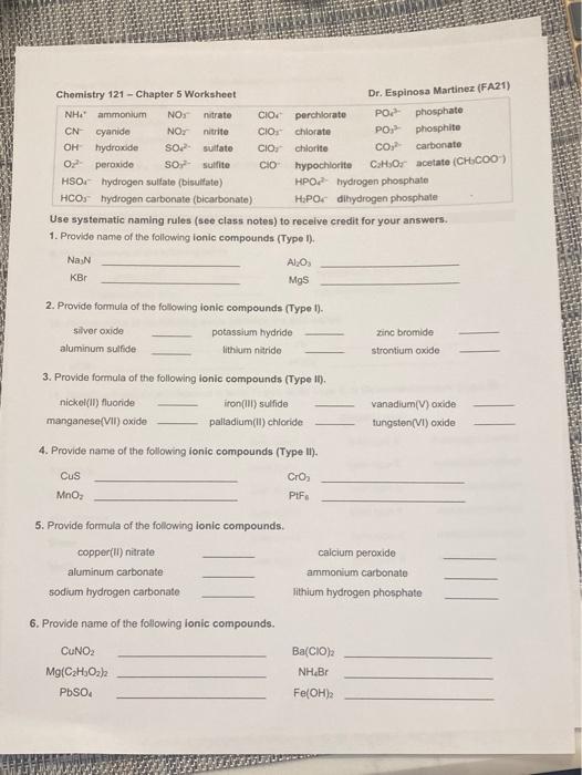 Solved Chemistry 121 - Chapter 5 Worksheet Dr. Espinosa | Chegg.com