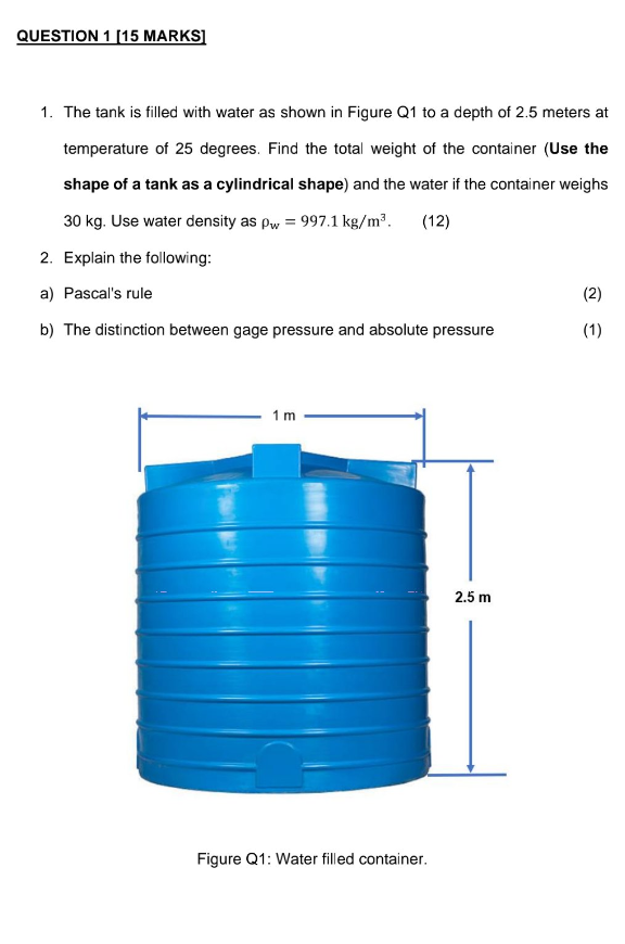 Solved 1. The tank is filled with water as shown in Figure | Chegg.com