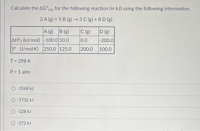 Solved Calculate the AG rxn for the following reaction (in | Chegg.com