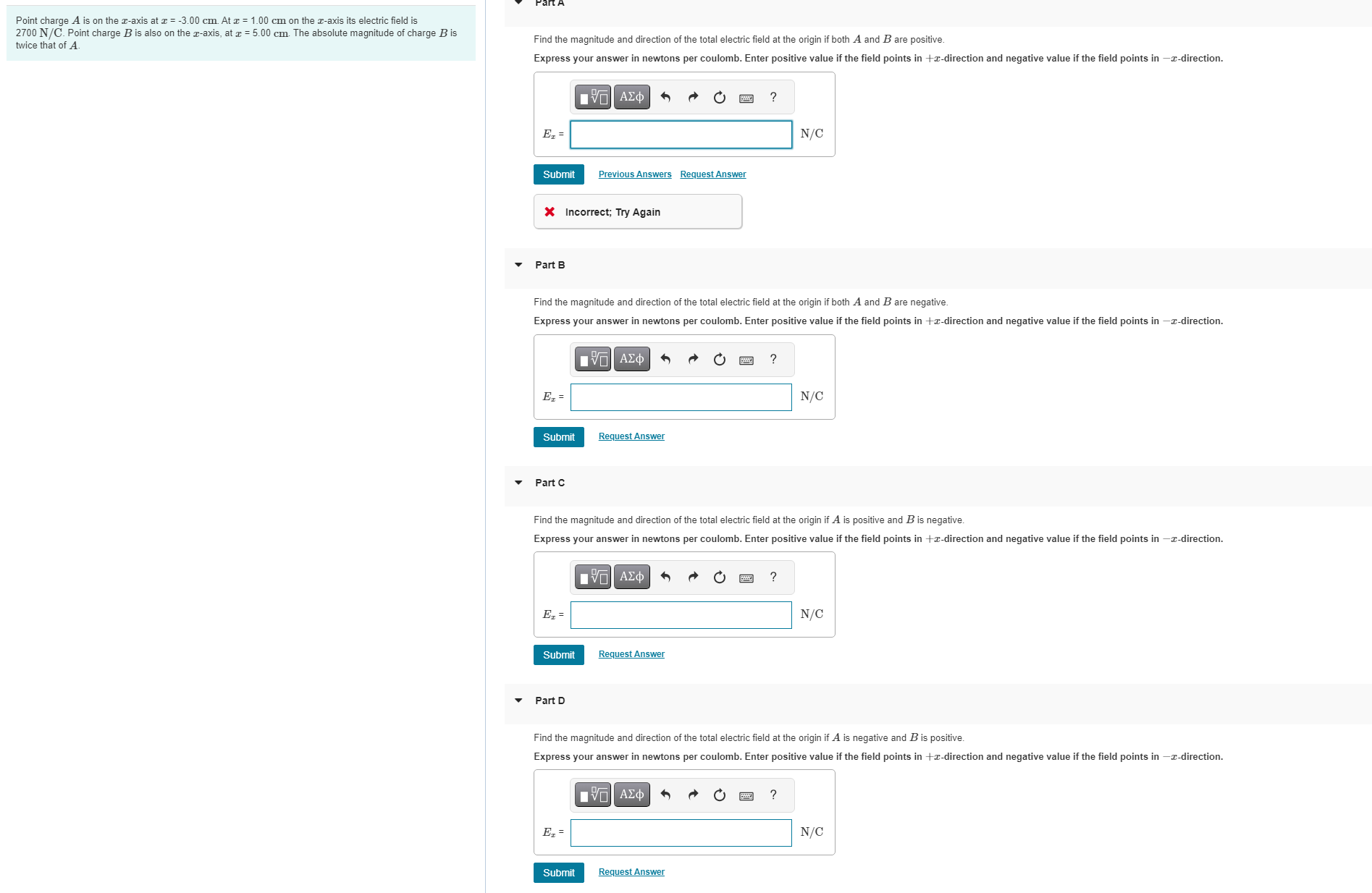 Solved Please answer Point charge A ﻿is on the x-axis at | Chegg.com