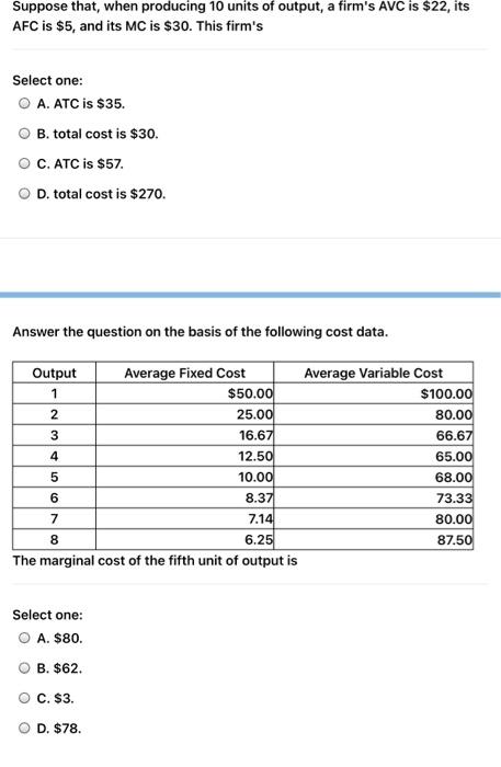 Solved The vertical distance between a firm's ATC and AVC | Chegg.com