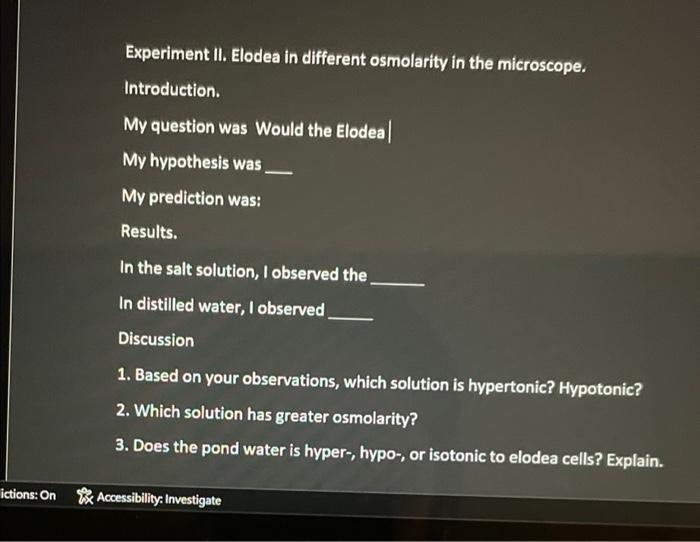 Solved ictions: On Experiment II. Elodea in different | Chegg.com