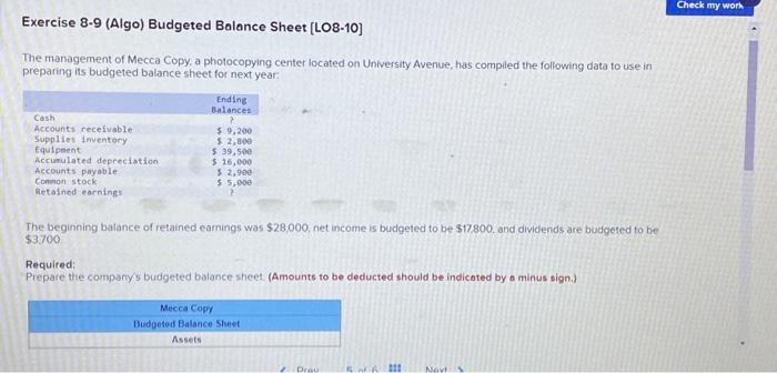 Solved Exercise 8-9 (Algo) Budgeted Balance Sheet [LO8-10] | Chegg.com