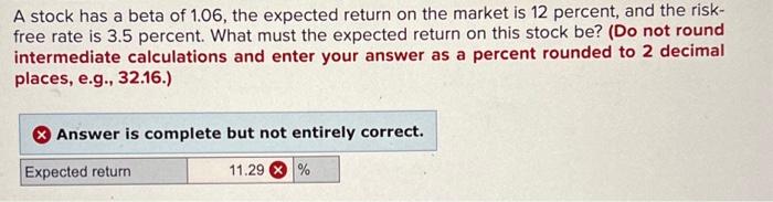 Solved A stock has a beta of 1.06 , the expected return on | Chegg.com