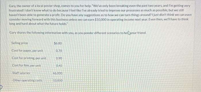 Solved Gary, the owner of a local poster shop, comes to you | Chegg.com