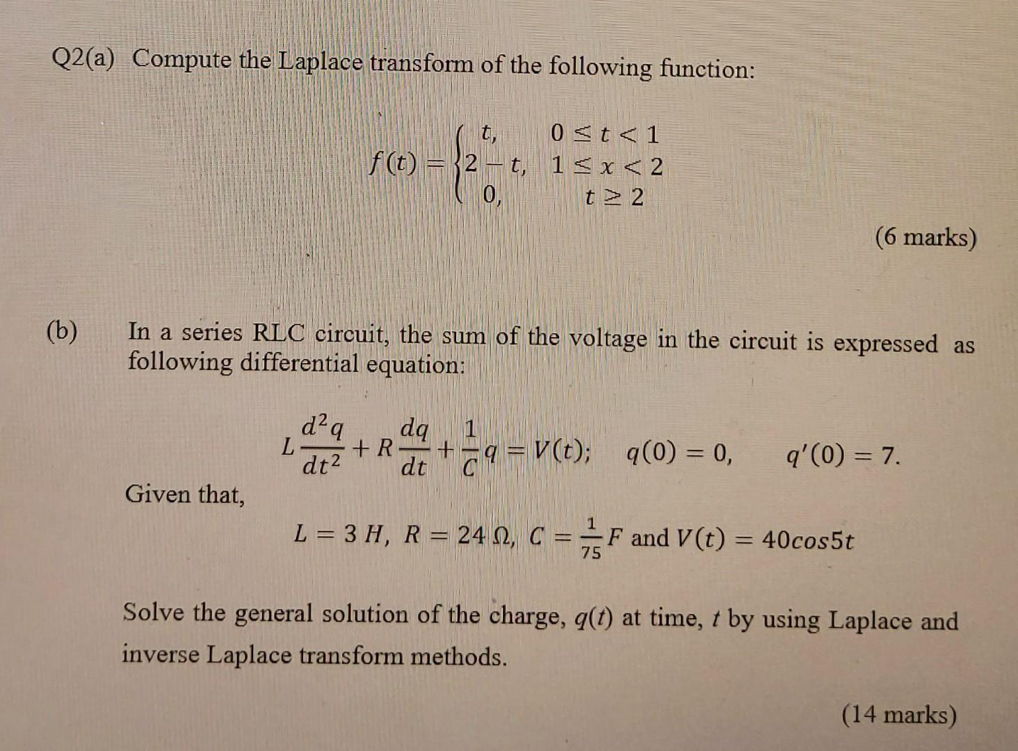 Solved Q2(a) Compute the Laplace transform of the following | Chegg.com