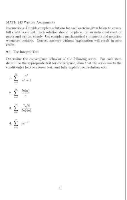 Solved MATH 243 Written Assignments Instructions: Provide | Chegg.com