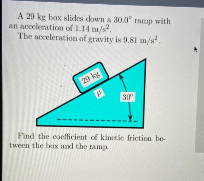Solved A 29 kg box slides down a 30.0∘ ramp with an | Chegg.com
