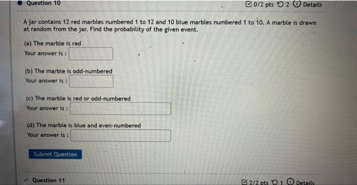 Solved A jar contains 12 red marbles numbered 1 to 12 and 10 | Chegg.com