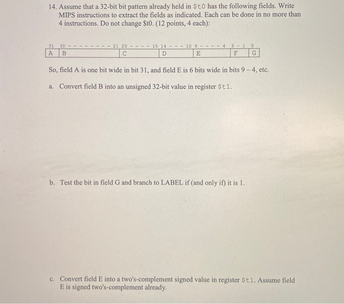 Solved 14. Assume that a 32-bit bit pattern already held in | Chegg.com
