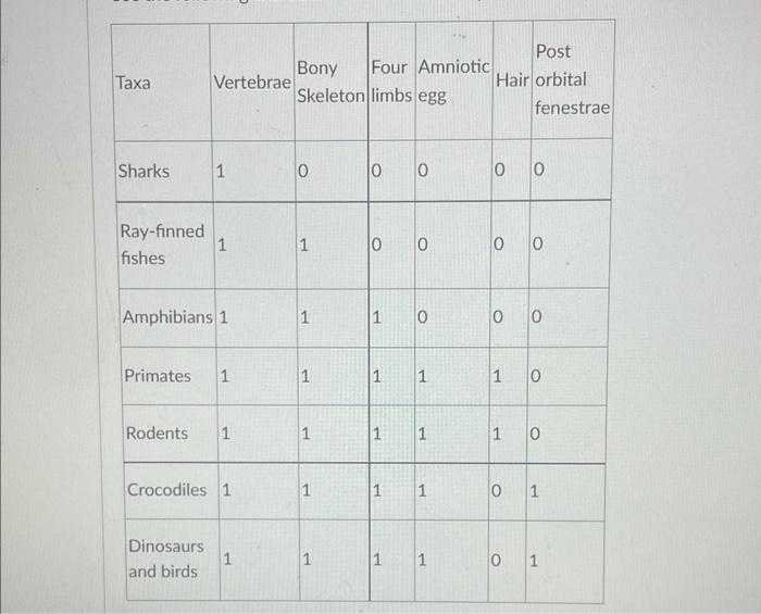 Solved The 1's represent derived traits and the 0's | Chegg.com
