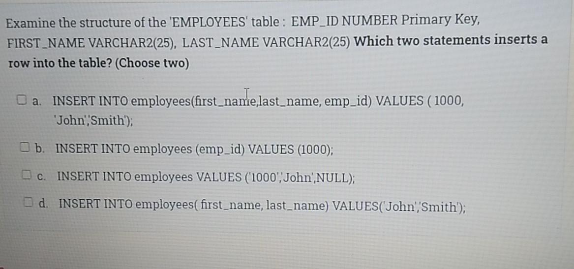 Solved Examine the structure of the 'EMPLOYEES' table : | Chegg.com