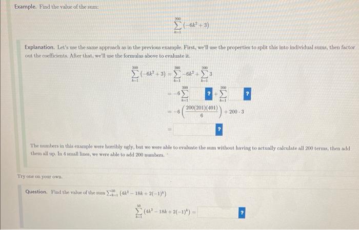 Solved Example. Find tbe value of the stan: ∑k=1200(−6k2+3) | Chegg.com