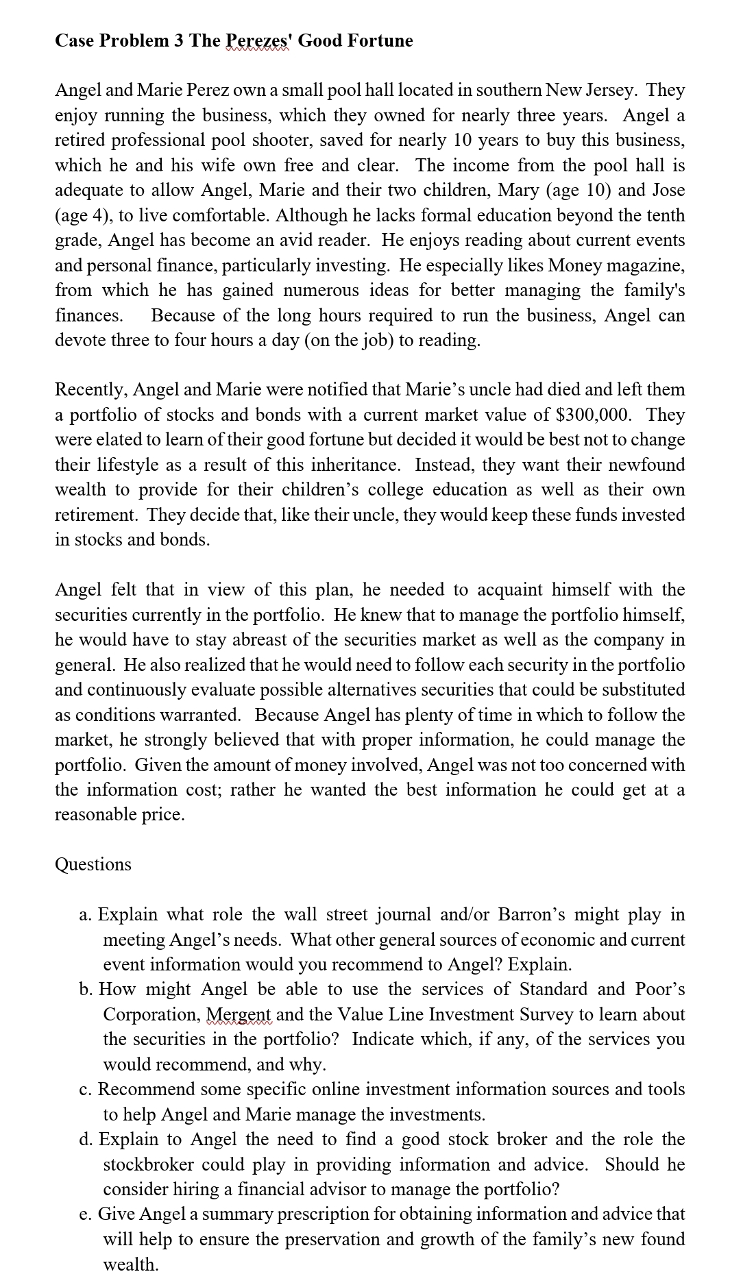 Solved Case Problem 3 ﻿The Perezes' Good FortuneAngel and | Chegg.com