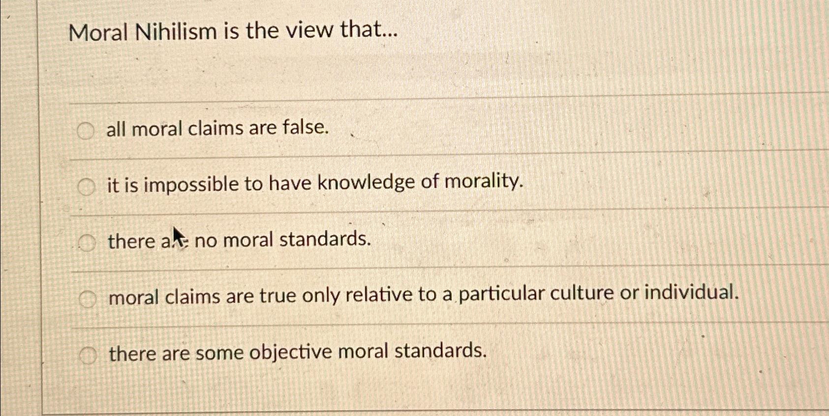 Solved Moral Nihilism is the view that...all moral claims | Chegg.com